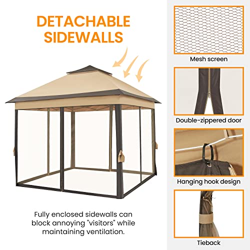 Yaheetech 11'x11' Pop Up Gazebo Outdoor Canopy Shelter Instant Pop Up Patio Gazebo Sun Shade Gazebo Canopy Tent with Double Tiers and Mesh Netting, for Lawn, Garden, Backyard and Deck (Khaki&Brown)