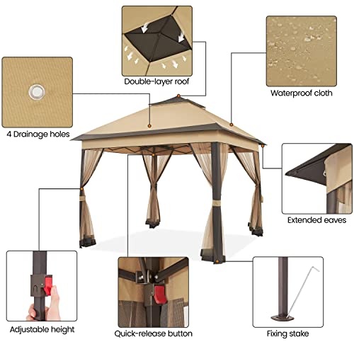Yaheetech 11'x11' Pop Up Gazebo Outdoor Canopy Shelter Instant Pop Up Patio Gazebo Sun Shade Gazebo Canopy Tent with Double Tiers and Mesh Netting, for Lawn, Garden, Backyard and Deck (Khaki&Brown)