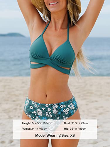 CUPSHE Women Bikini Sets Two Piece Swimsuits Deep V Neck Cutout Halter Back Tie Triangle Top Floral Mid Waisted Bottom M
