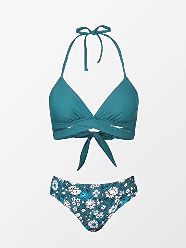 CUPSHE Women Bikini Sets Two Piece Swimsuits Deep V Neck Cutout Halter Back Tie Triangle Top Floral Mid Waisted Bottom M