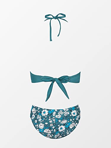 CUPSHE Women Bikini Sets Two Piece Swimsuits Deep V Neck Cutout Halter Back Tie Triangle Top Floral Mid Waisted Bottom M