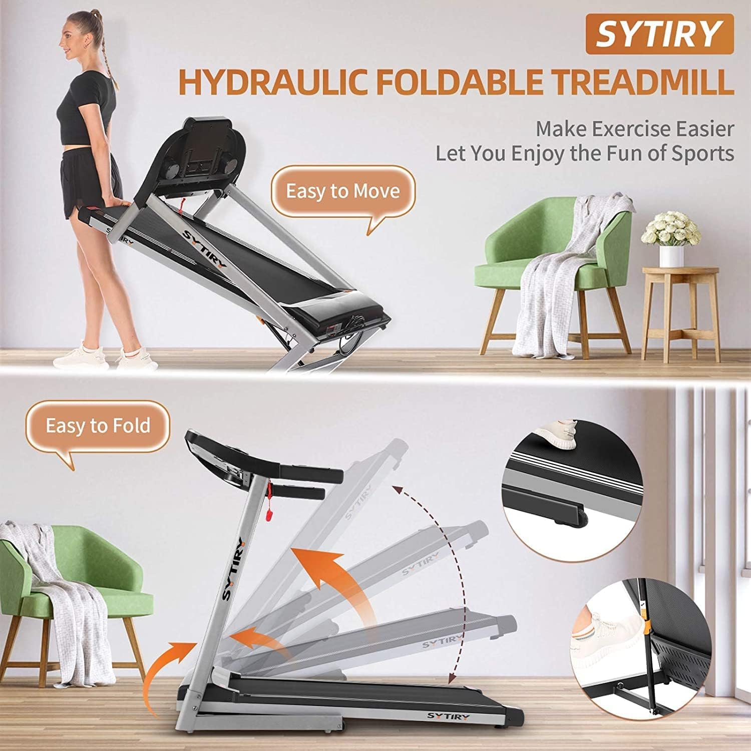 SYTIRY Treadmill with Large 10" Touchscreen, 3.25hp Folding Treadmill TR080302