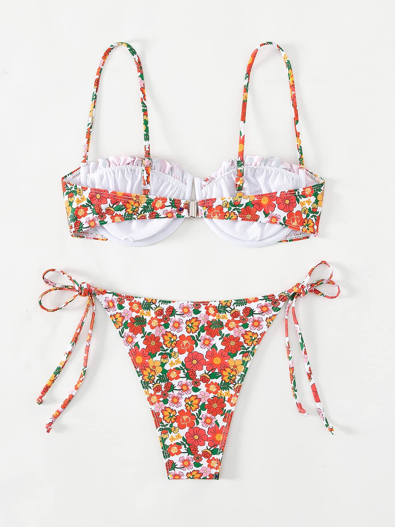 WDIRARA Women's Floral Print Underwired Tie Side 2 Piece Bikini Set Cute Swimsuit Red & Green Multi L
