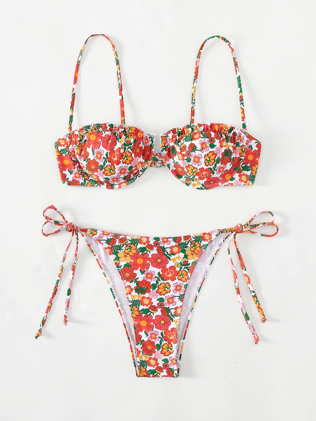 WDIRARA Women's Floral Print Underwired Tie Side 2 Piece Bikini Set Cute Swimsuit Red & Green Multi L
