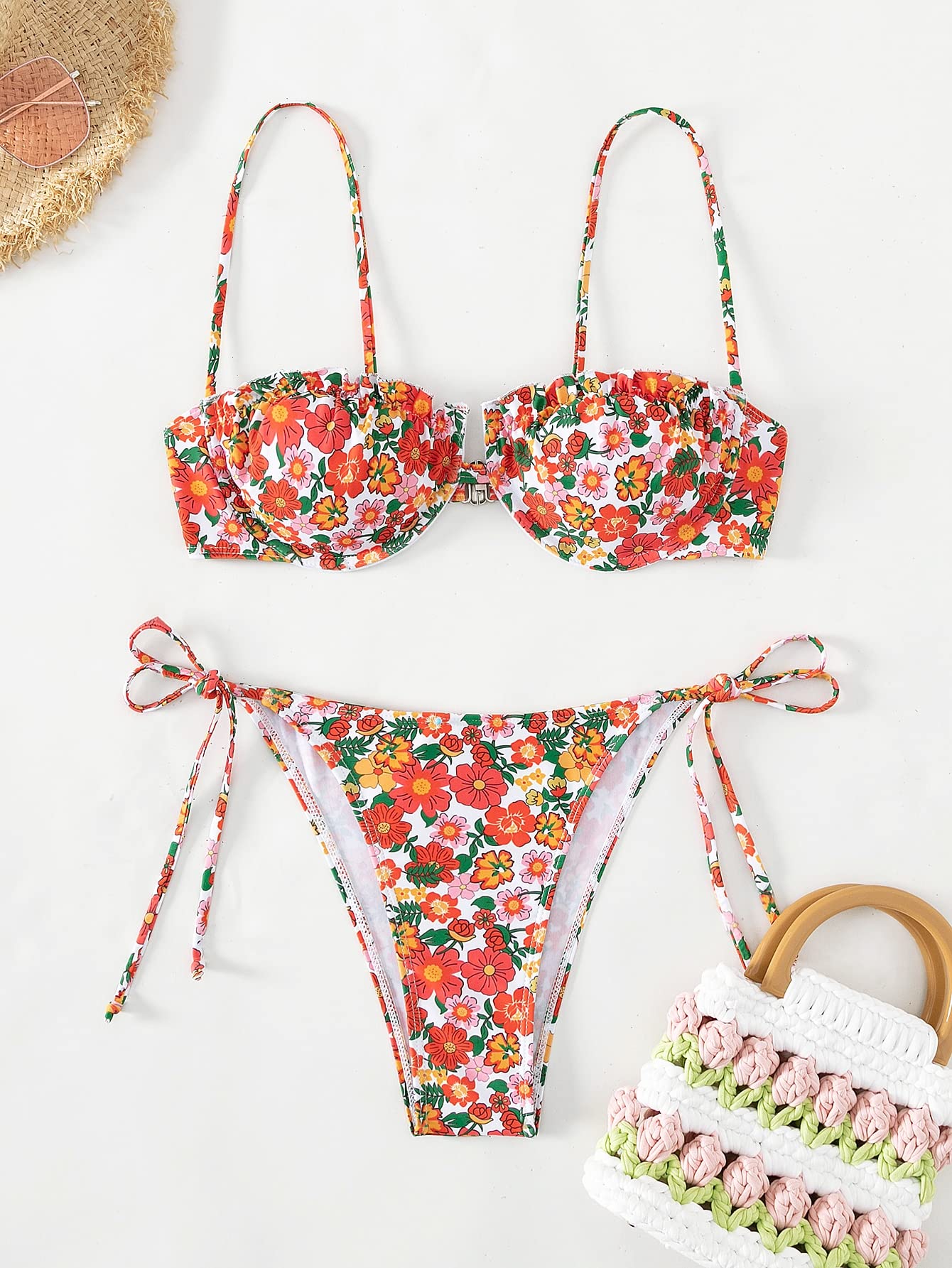 WDIRARA Women's Floral Print Underwired Tie Side 2 Piece Bikini Set Cute Swimsuit Red & Green Multi L