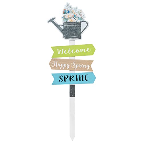 hogardeck Spring Outdoor Decor, 34 Inch Wood Welcome Spring Decorative Garden Stake with Watering Can Spring Decorations for Home, Yard Art Sign Happy Spring Garden Decor for Outside Patio Lawn