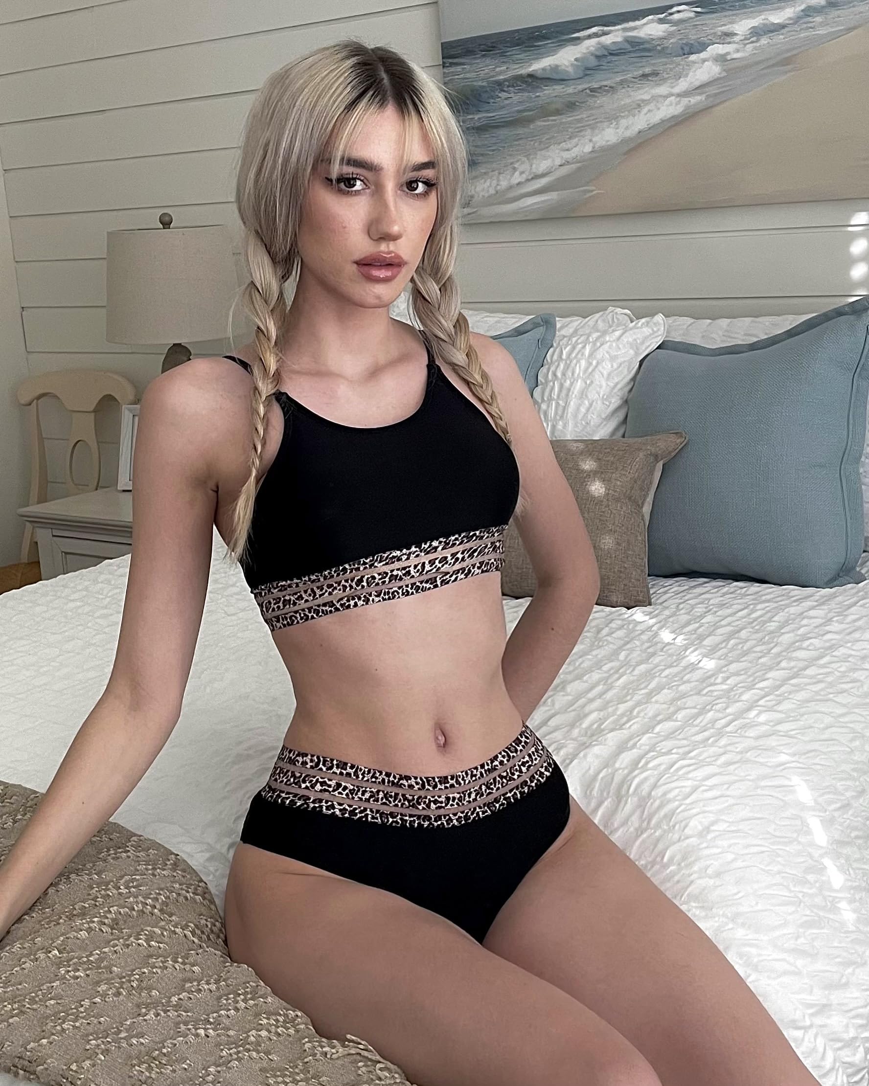 Herseas Women's Black Bikini Sets Color Block Leopard Mesh Trim 2 Piece Swimsuit Scoop Neck High Waisted Adjustable Spaghetti Straps Push Up Bathing Suit Large 12 14