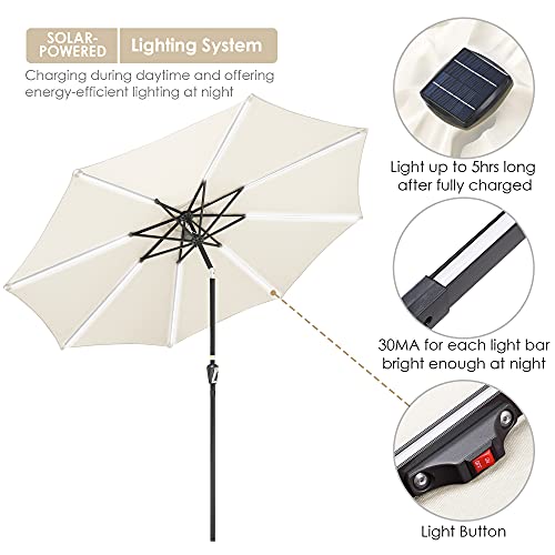 Yescom 10ft Solar LED Lighted Patio Umbrella with Tilt and Crank 8 Ribs Outdoor Market Umbrella for Table Garden Canvas Natural White