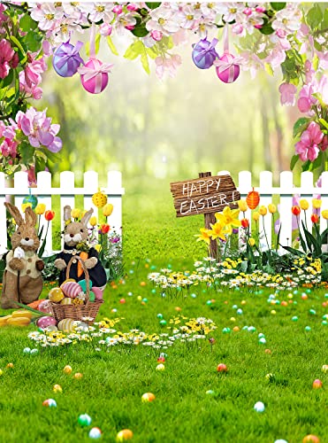 LTLYH 5x7ft Easter Backdrop Easter Floral Bokeh Photo Decorations Background Easter Rabbit Colorful Eggs Fence Green Grass Decor Photography Background 173