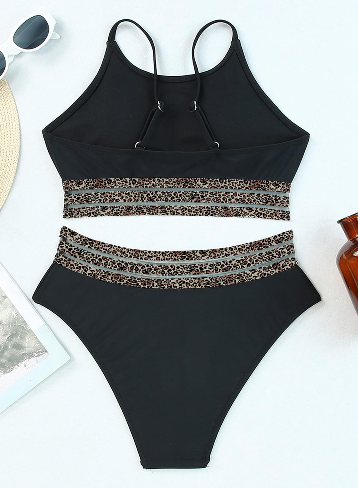 Herseas Women's Black Bikini Sets Color Block Leopard Mesh Trim 2 Piece Swimsuit Scoop Neck High Waisted Adjustable Spaghetti Straps Push Up Bathing Suit Large 12 14