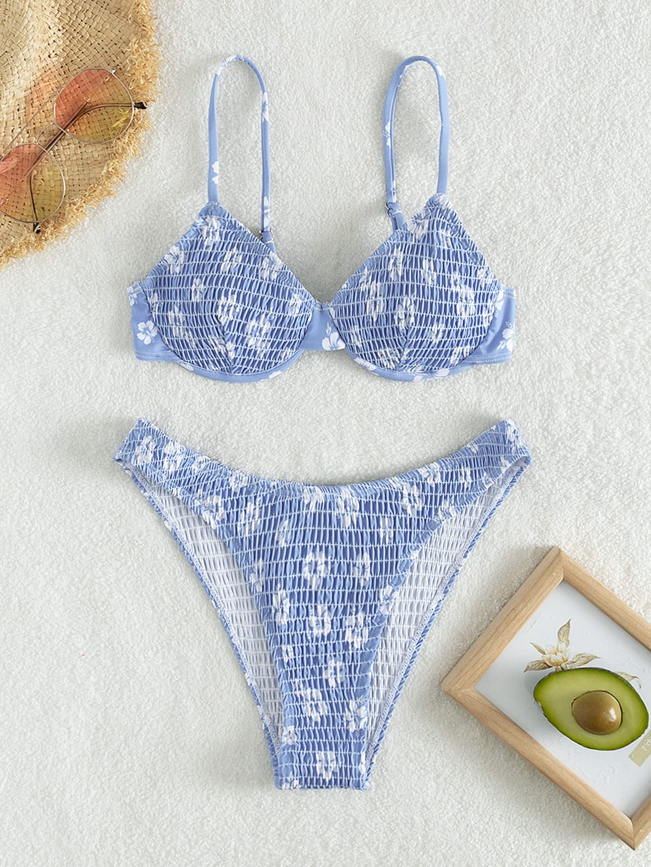 GORGLITTER Women's 2 Piece Swimsuits Floral High Waisted Bikini Sets Push Up Triangle Bathing Suits Blue and White X-Small