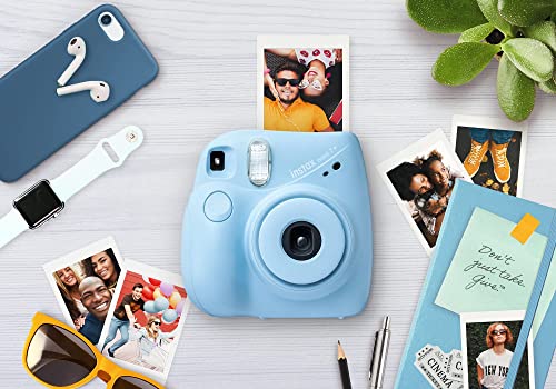 Fujifilm Instax Mini 7+ Camera, Easy to Operate, Portable, Handy Selfie Mirror, Polaroid Camera, Perfect for Beginners and Experts, Sleek and Stylish Design - Light Blue (Renewed)