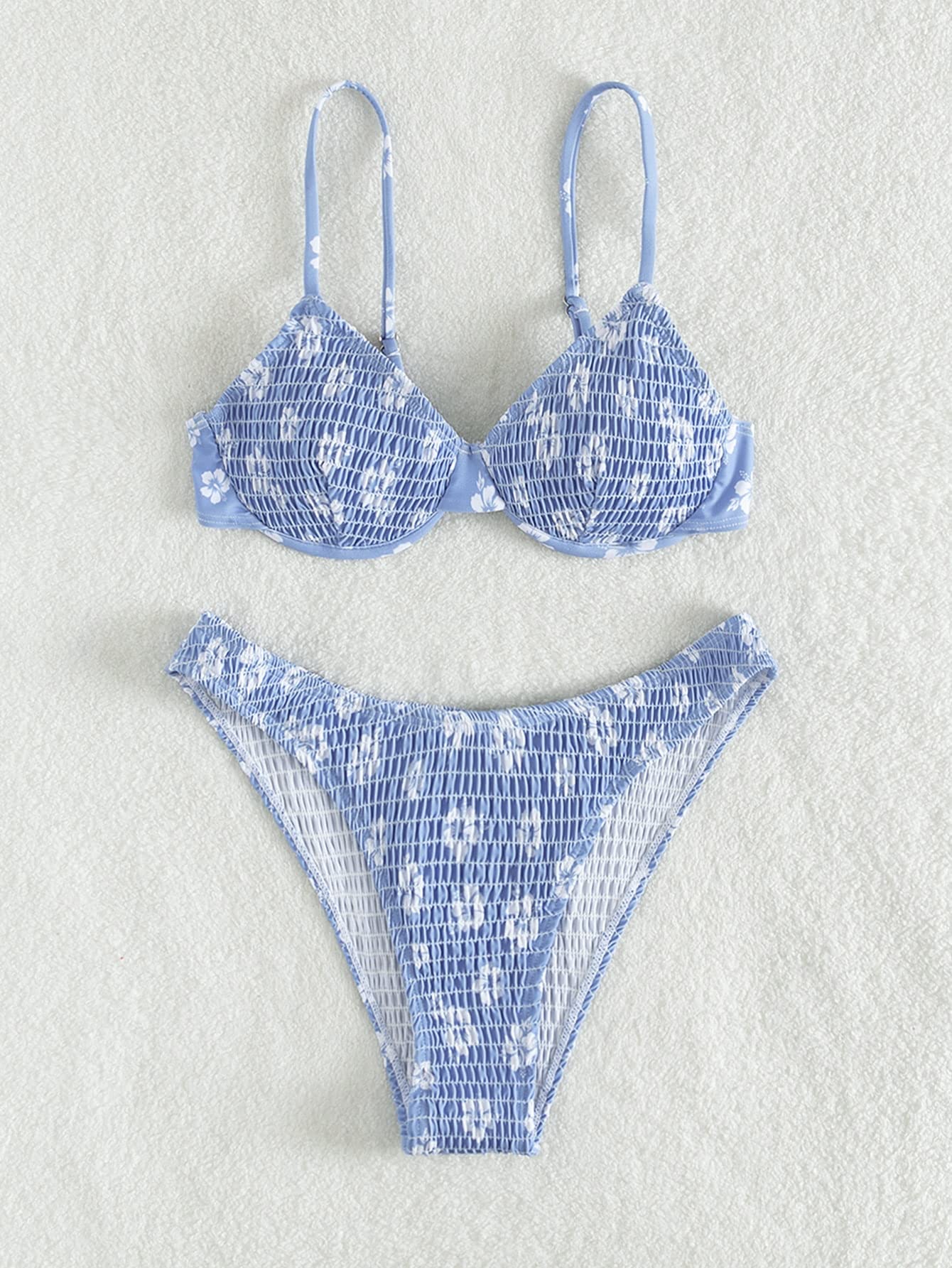 GORGLITTER Women's 2 Piece Swimsuits Floral High Waisted Bikini Sets Push Up Triangle Bathing Suits Blue and White X-Small