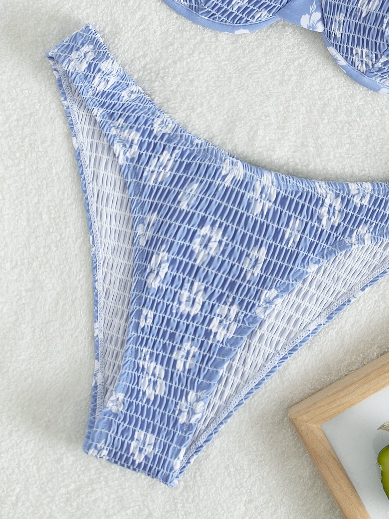 GORGLITTER Women's 2 Piece Swimsuits Floral High Waisted Bikini Sets Push Up Triangle Bathing Suits Blue and White X-Small