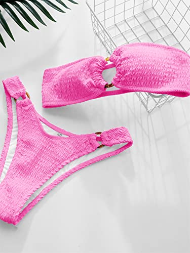 WDIRARA Women's 2 Piece Strapless Smocked Ring Bandeau Bikini Set Swimsuit Bathing Suits Pure Pink Solid XS