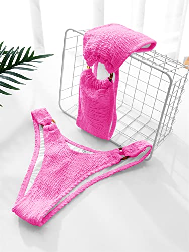 WDIRARA Women's 2 Piece Strapless Smocked Ring Bandeau Bikini Set Swimsuit Bathing Suits Pure Pink Solid XS