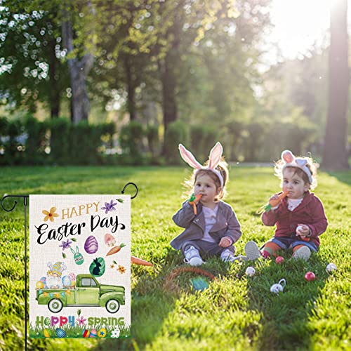 Happy Easter Day Garden Flags, Gnome Eggs Truck Vertical Double Sized Burlap Flag for Spring House Yard Outdoor Decor 12.5 x 18 Inch (Multi)