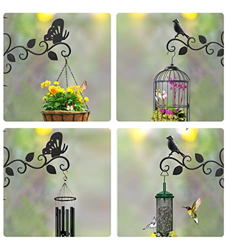 Lewondr Wall Hanging Plant Bracket, [2 Pack] 12 Inch Retro Outdoor Indoor Garden Hook Hanging Planter Decorative Plant Brackets for Bird Feeder Wind Chime Lantern, Butterfly and 3 Leaves, Black