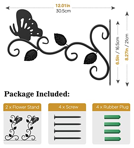 Lewondr Wall Hanging Plant Bracket, [2 Pack] 12 Inch Retro Outdoor Indoor Garden Hook Hanging Planter Decorative Plant Brackets for Bird Feeder Wind Chime Lantern, Butterfly and 3 Leaves, Black