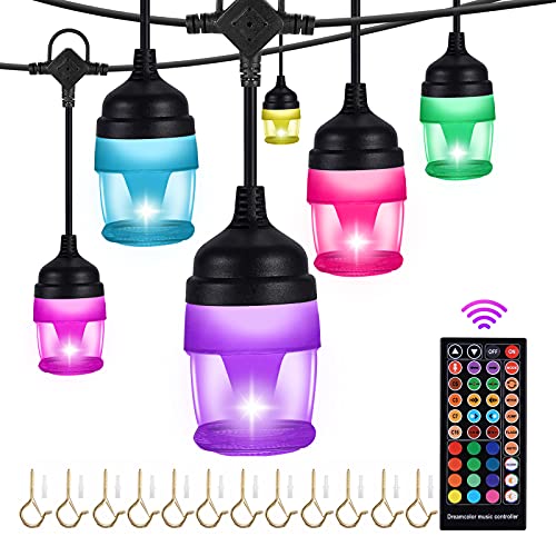 Outdoor String Lights LED Waterproof RGB Dimmable Colored Music Sync Magic Hanging Strand Lights Outside Exterior Patio Backyard Cafe Porch Party Garden Ambient Atmosphere Holiday White/Warm White