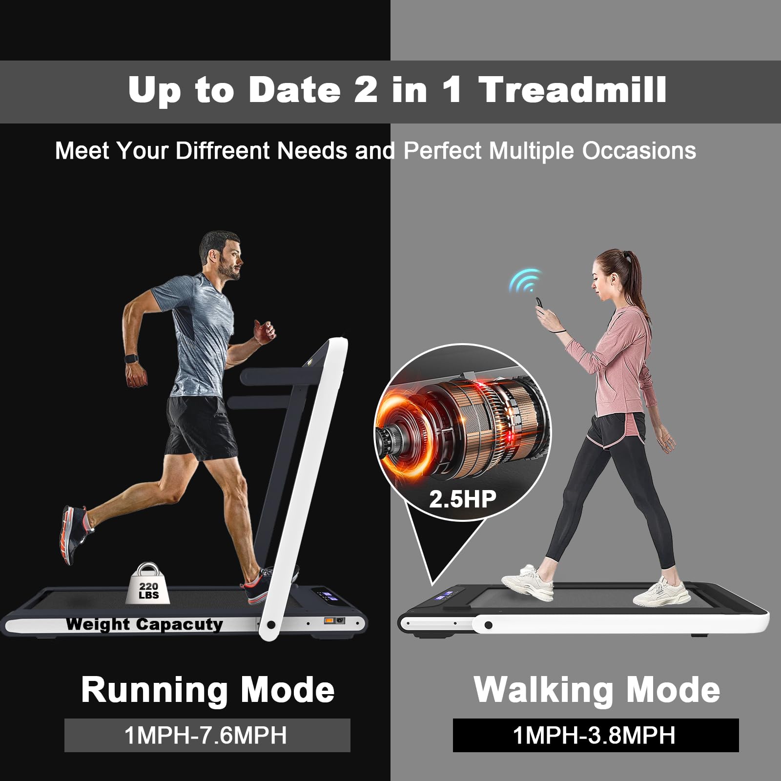 Jayktimo Treadmill, Walking Pad-7.6miles Under Desk Treadmill-2 in 1 Folding Treadmill-Treadmills for Home and Office, Black White