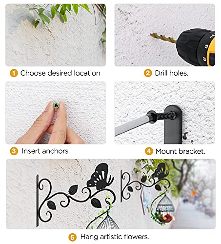 Lewondr Wall Hanging Plant Bracket, [2 Pack] 12 Inch Retro Outdoor Indoor Garden Hook Hanging Planter Decorative Plant Brackets for Bird Feeder Wind Chime Lantern, Butterfly and 3 Leaves, Black