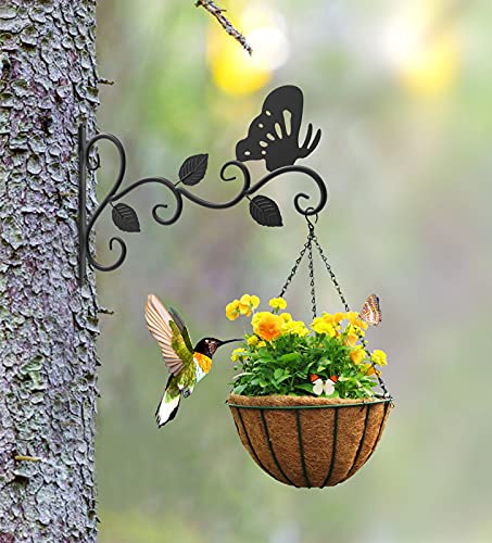 Lewondr Wall Hanging Plant Bracket, [2 Pack] 12 Inch Retro Outdoor Indoor Garden Hook Hanging Planter Decorative Plant Brackets for Bird Feeder Wind Chime Lantern, Butterfly and 3 Leaves, Black