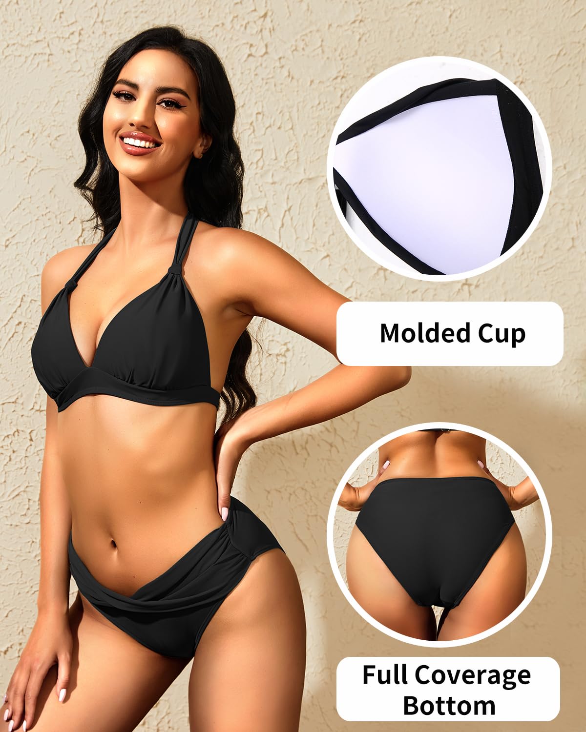 Yonique Women Two Piece Bathing Suits Push Up Bikini Set Halter Swimsuit Vintage Swimwear Black S