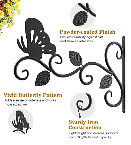 Lewondr Wall Hanging Plant Bracket, [2 Pack] 12 Inch Retro Outdoor Indoor Garden Hook Hanging Planter Decorative Plant Brackets for Bird Feeder Wind Chime Lantern, Butterfly and 3 Leaves, Black