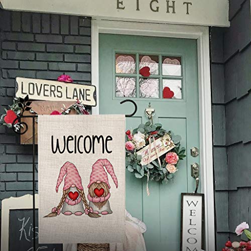 CROWNED BEAUTY Valentines Day Garden Flag 12×18 Inch Vertical Double Sided Valentine Gnome Welcome Flag for Outside Yard Anniversary Wedding Farmhouse Décor CF015-12