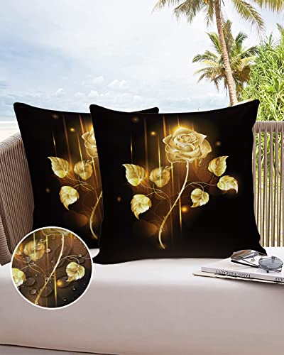 Pack of 2 Outdoor Waterproof Throw Pillow Covers Golden Rose Decorative Garden Cushion Cases for Patio Couch Sofa, Home Decoration 18x18 in