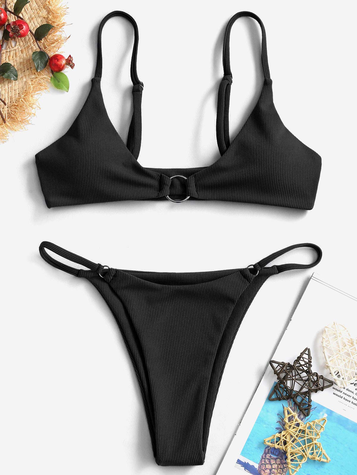 ZAFUL Women's O-Ring Bikini Strappy Bikini Set Cheeky Bottom Two Piece Swimsuit Bathing Suit(2-Z-Black, M)