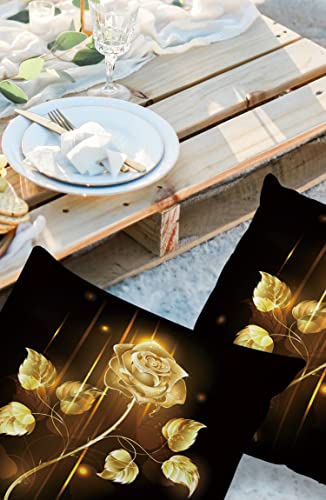 Pack of 2 Outdoor Waterproof Throw Pillow Covers Golden Rose Decorative Garden Cushion Cases for Patio Couch Sofa, Home Decoration 18x18 in