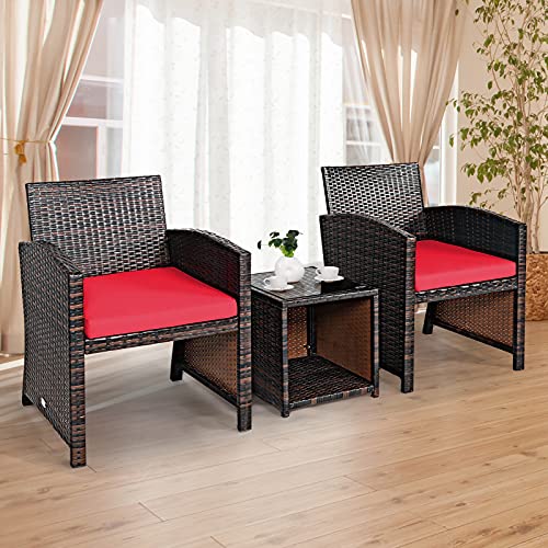 Tangkula 3-Piece Outdoor PE Rattan Furniture Set, Patio Conversation Set w/Chair & Storage Coffee Table, Detachable Cushion, Stable X-Shaped Frame, Perfect for Garden, Backyard, Poolside (Red)