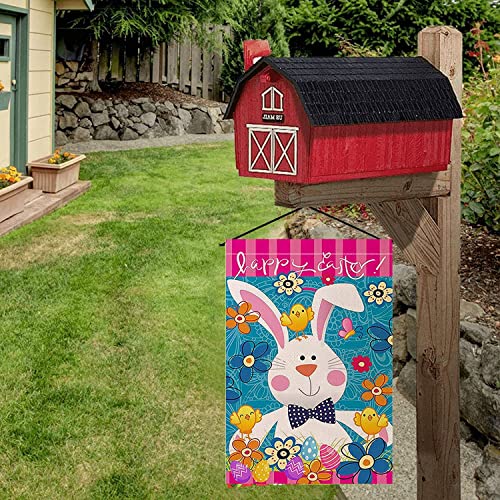 Happy Easter Garden Flag, Double Sided 12β x 18β Linen Tulip and Bunny Yard Flag for Spring Outside Yard Outdoor Farmhouse Easter Decorations (Blue)