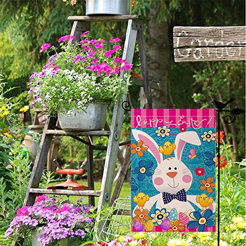 Happy Easter Garden Flag, Double Sided 12β x 18β Linen Tulip and Bunny Yard Flag for Spring Outside Yard Outdoor Farmhouse Easter Decorations (Blue)