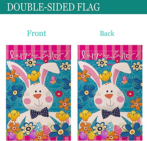 Happy Easter Garden Flag, Double Sided 12β x 18β Linen Tulip and Bunny Yard Flag for Spring Outside Yard Outdoor Farmhouse Easter Decorations (Blue)