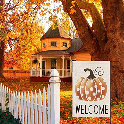 Fall Garden Flag,Welcome Pumpkin Fall Flag 12X18inch,Double Faced Linen Material ,Outdoor Fall Decor,Farmhouse Welcome Banner Pumpkin Decor