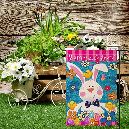 Happy Easter Garden Flag, Double Sided 12β x 18β Linen Tulip and Bunny Yard Flag for Spring Outside Yard Outdoor Farmhouse Easter Decorations (Blue)