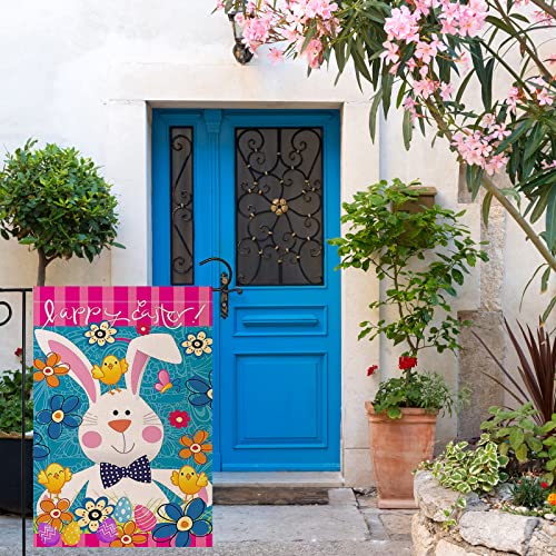 Happy Easter Garden Flag, Double Sided 12β x 18β Linen Tulip and Bunny Yard Flag for Spring Outside Yard Outdoor Farmhouse Easter Decorations (Blue)