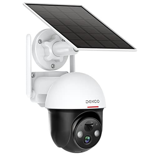 DEKCO 2K Solar Security Camera Wireless Outdoor, 360 Degree Rotating Pan Tilt Home Surveillance System with Spotlight and Sound Alarm, Night Vision, Motion Detection, 2 Way Audio, Requires 2.4GHz WiFi
