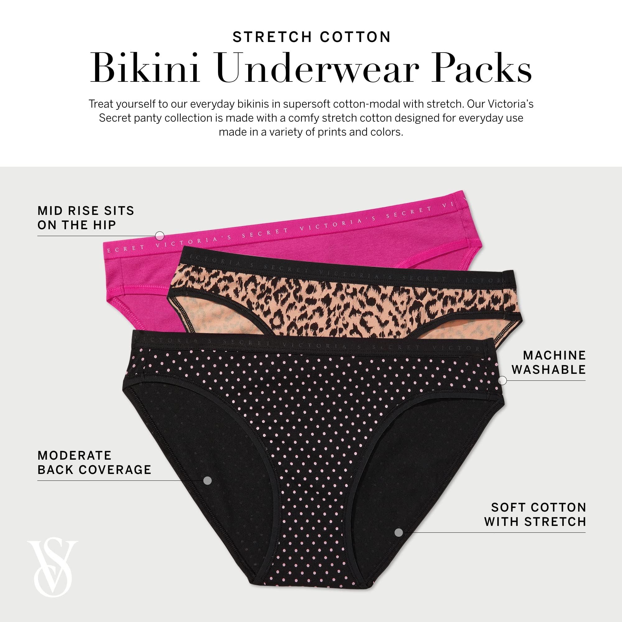 Victoria's Secret Women's Cotton Bikini Underwear, Moderate Coverage Panties for Women, Multi Pack, Multi (M)