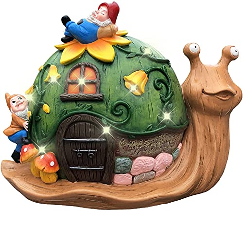 YOUIN Large Garden Gnomes House Decrations for Outdoor,Solar Snail Decor,Fairy Houses for Garden Outdoor,Garden Statue Decor for Outside with Lights Resin Sculptures Figurines for Yard Patio,10x8