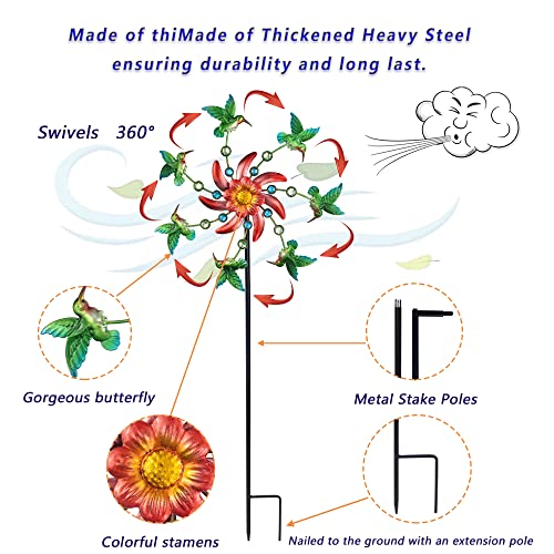 COOZZYHOUR 39" Hummingbird Wind Spinner for Yard and Garden,Outdoor Metal Windmill Single Direction Wind Sculptures Kinetic Windmills Catchers for Garden Decorations,Windmills for The Yard Garden.