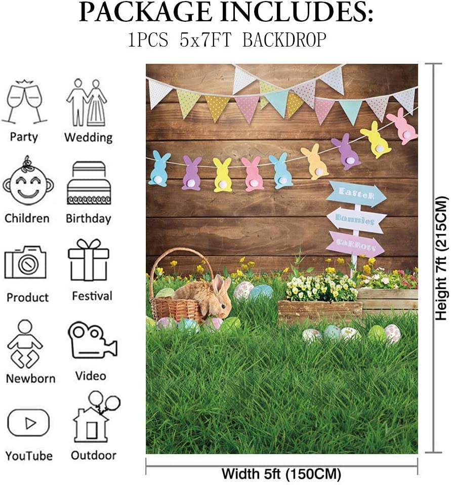 ZTHMOE 5x7ft Durable Fabric Spring Easter Photography Backdrop Rabbit Eggs Wooden Wall Flowers Grass Background Bunny Flag Portrait Photo Booth Props