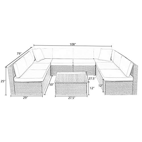 Devoko 9 Pieces Outdoor Sectional Sofa All-Weather Patio Furniture Sets Manual Weaving Wicker Rattan Patio Conversation Sets with Cushion and Glass Table (Brown)