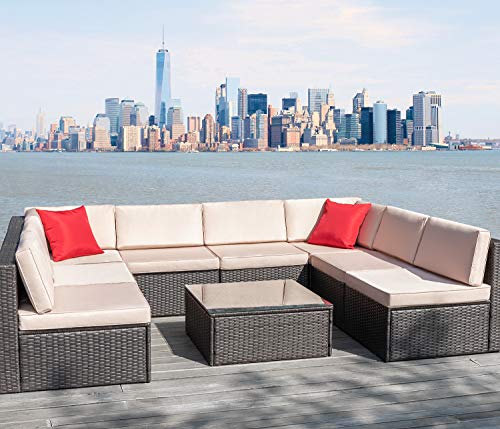 Devoko 9 Pieces Outdoor Sectional Sofa All-Weather Patio Furniture Sets Manual Weaving Wicker Rattan Patio Conversation Sets with Cushion and Glass Table (Brown)