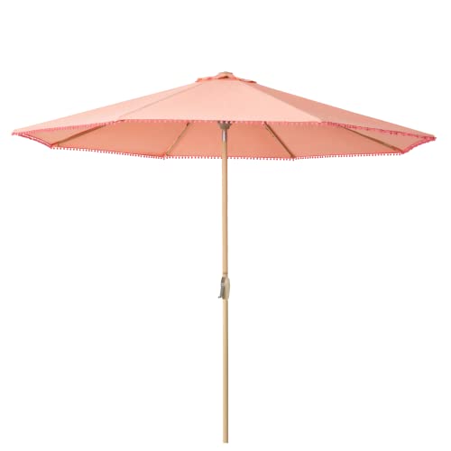 Tempera 10 ft Auto-Tilt Patio Umbrella with Fringe, Outdoor Tassel Umbrella with Wood Color Aluminum Pole & 8 Steel Ribs, Best Vintage luxurious Table umbrellas for Deck, Garden, Lawn & Pool