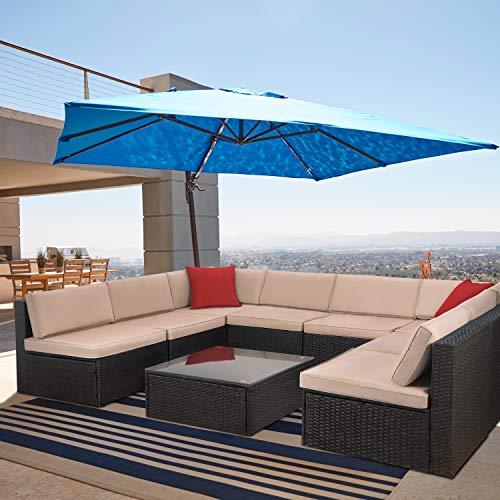 Devoko 9 Pieces Outdoor Sectional Sofa All-Weather Patio Furniture Sets Manual Weaving Wicker Rattan Patio Conversation Sets with Cushion and Glass Table (Brown)