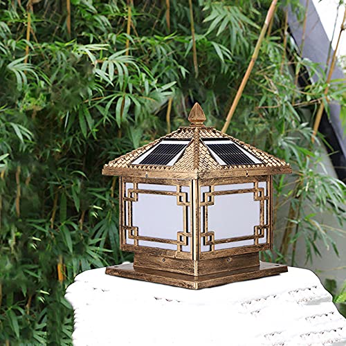 KAIKEA Bronze Square Solar LED Cast Aluminum Lights Outdoor Garden Waterproof Column Post Light Fixture Bright Traditional Classical Acrylic Villa Porch Decor Pillar Lamp(15.7inches)